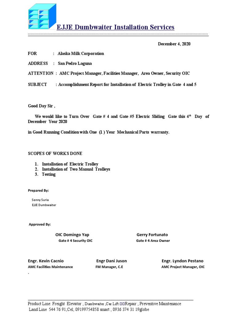 Accomplishment Report On Gate 4 Electric Trolley Installation | PDF ...