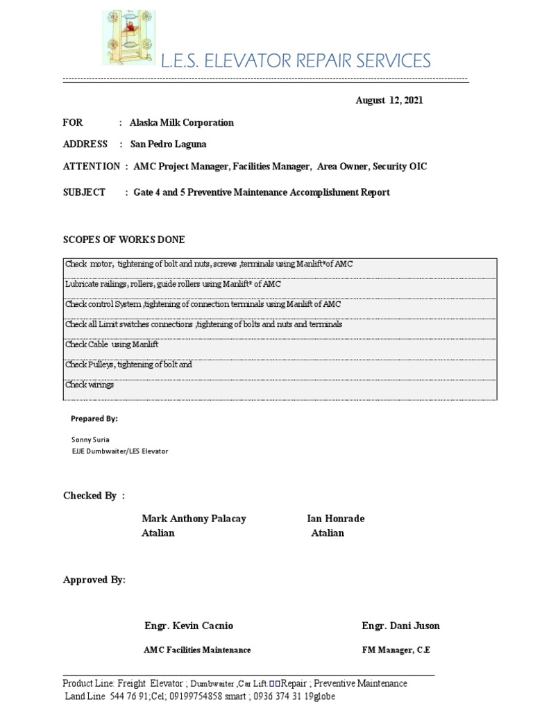 Accomplishment Report For Gate 4 and 5 Preventive Maintenance August ...
