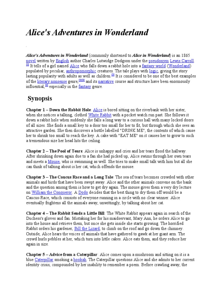 Alice's Adventures in Wonderland: Synopsis | PDF | Alice's Adventures ...