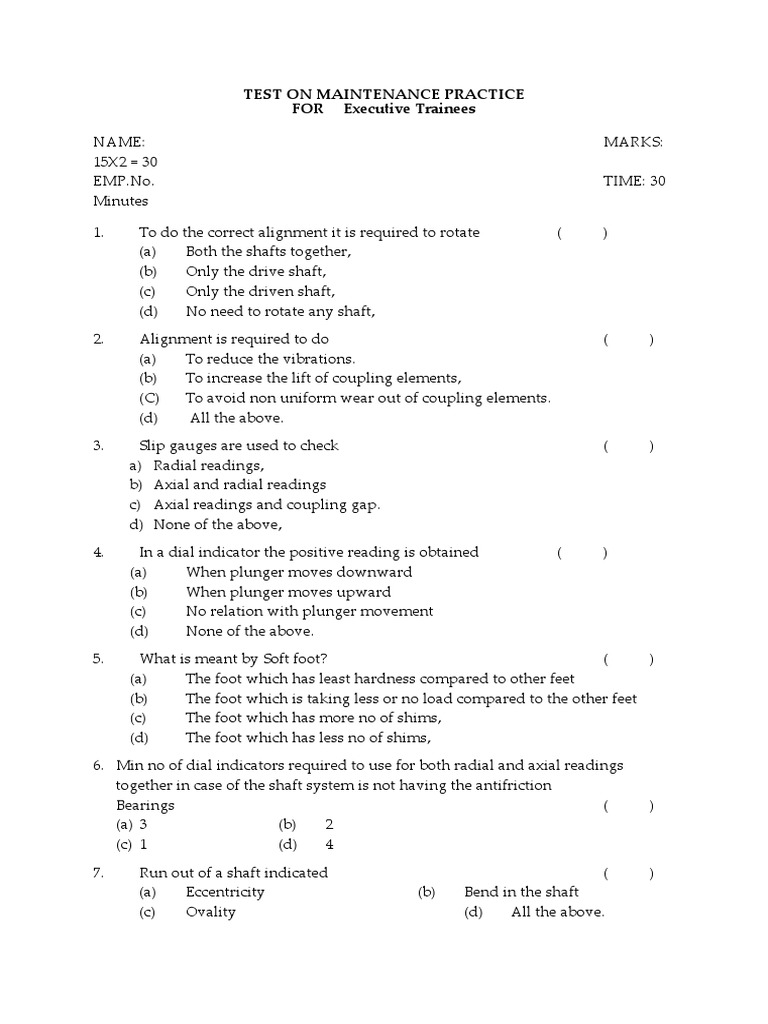 Test On Maintenance Practice | PDF | Applied And Interdisciplinary ...