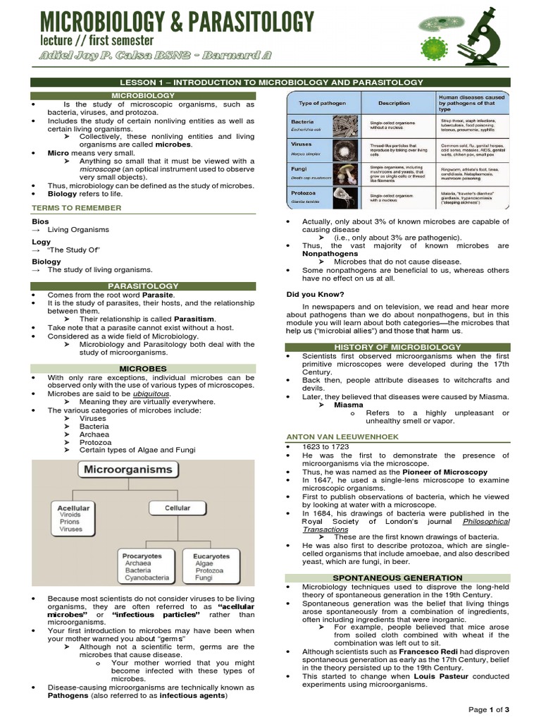 Lesson 1 - Introduction To Microbiology and Parasitology | PDF | Microbiology | Microorganism