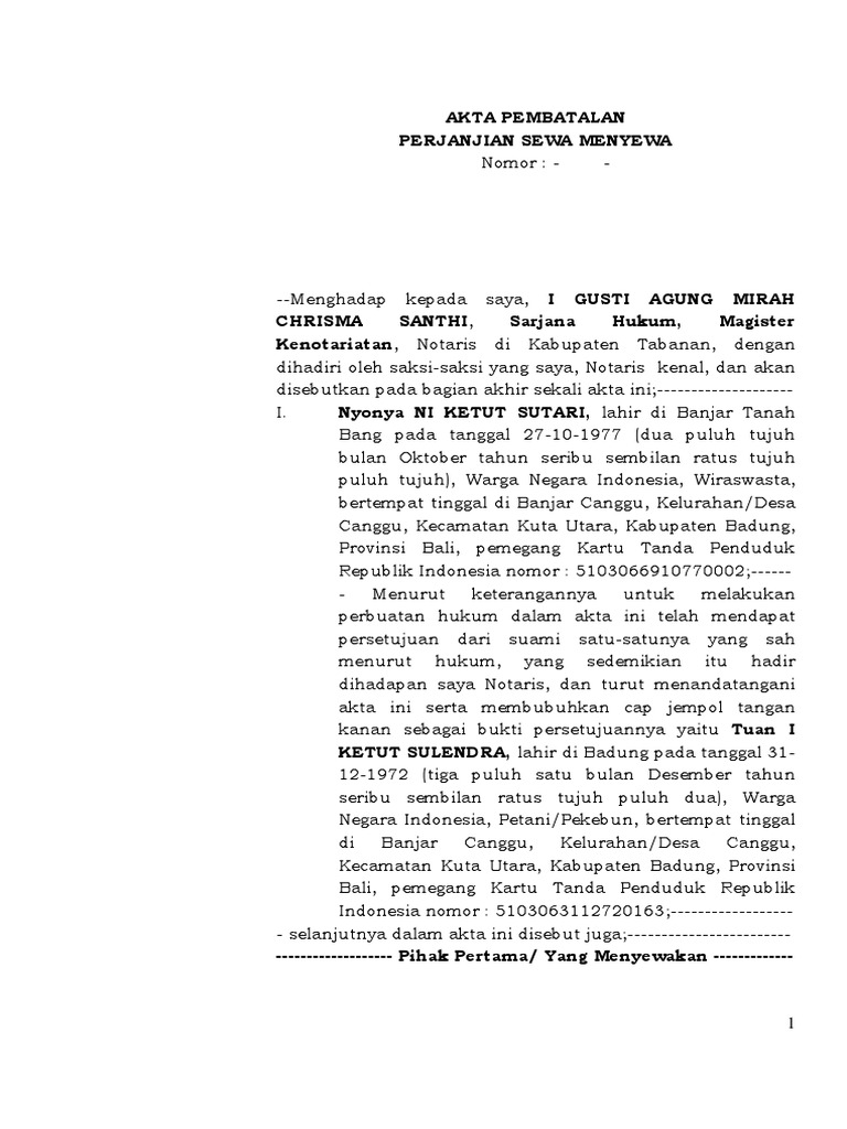 Akta Pembatalan Perjanjian Sewa Menyewa | PDF Akta Pembatalan Perjanjian Sewa Menyewa | PDF