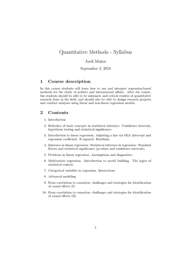Quantitative Methods - Syllabus: 1 Course Description | PDF | Statistics | Regression Analysis