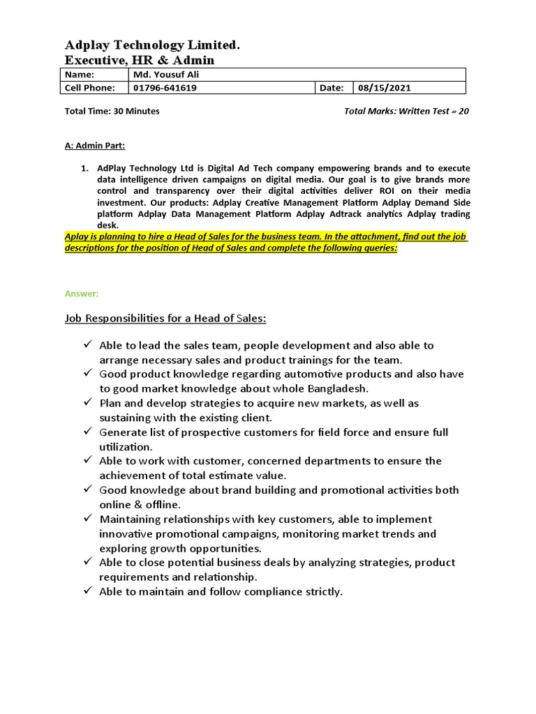 Written Test - HR & Admin - Md. Yousuf Ali | PDF | Recruitment | Human ...