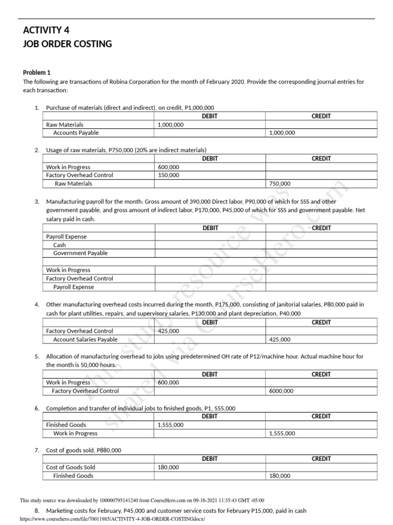 Activity 4 Job Order Costing | PDF | Cost Of Goods Sold | Debits And ...