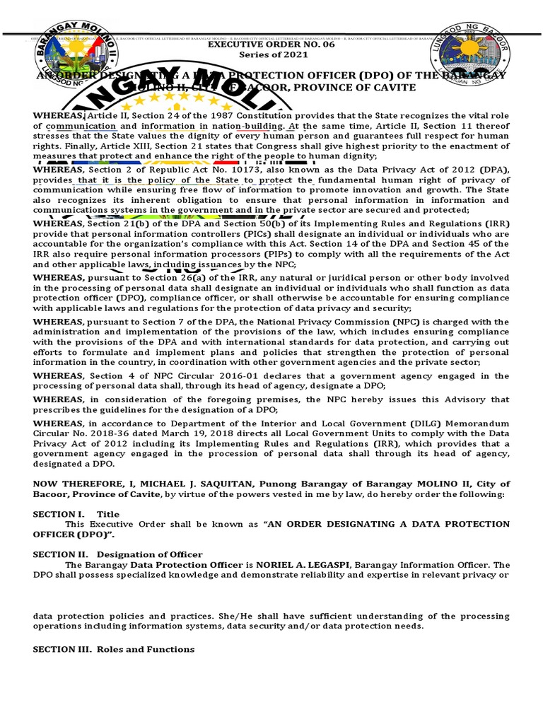 EO 6 S 2021 - Data-Privacy-Officer-DPO-Barangay | PDF | Information ...
