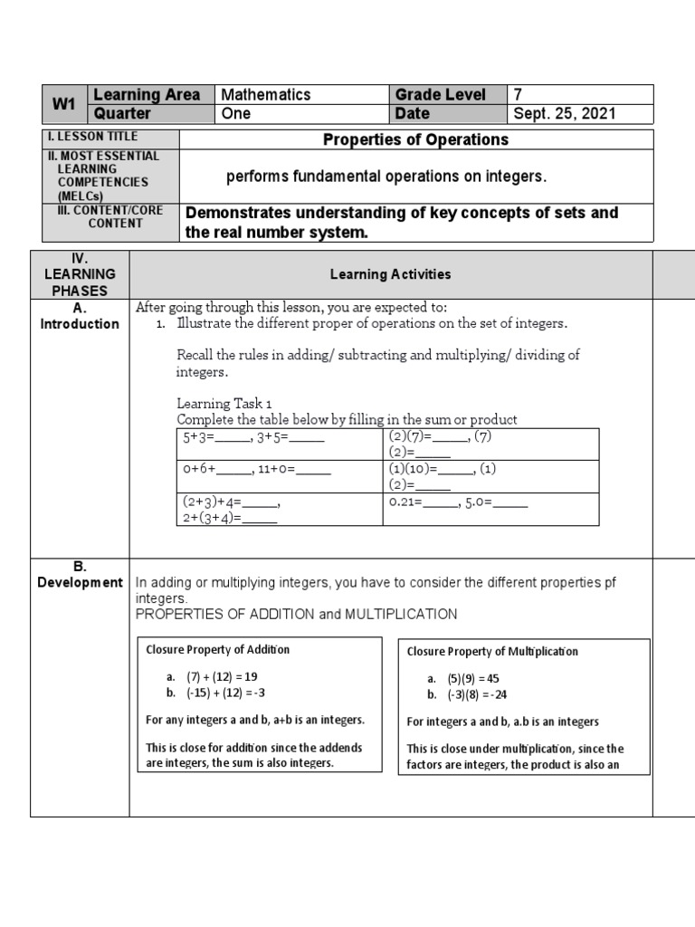 W1 Learning Area Grade Level Quarter Date Properties of Operations ...