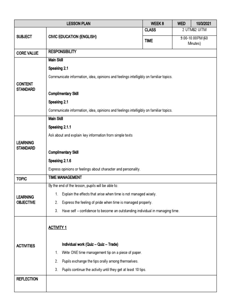 CIVIC LESSON in English Form 2 | PDF