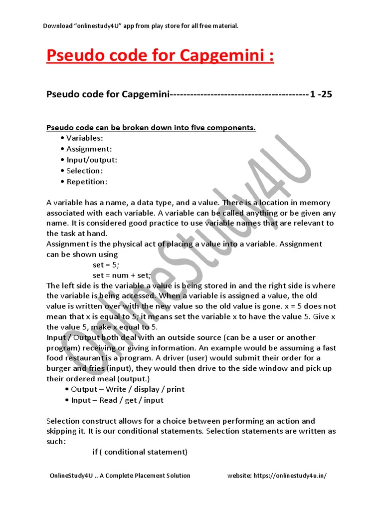 Capgemini Pseudocode Guide | PDF | Google Play | Variable (Computer ...