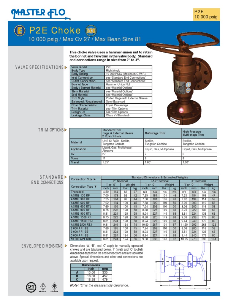 P2E Choke: 10 000 Psig / Max CV 27 / Max Bean Size 81 | PDF | Valve | Mechanical Engineering