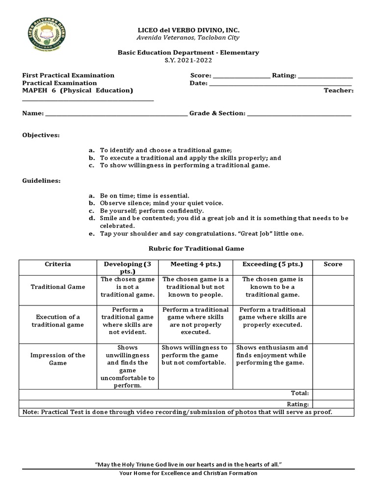 PE Practical Exam Guidelines and Rubric | PDF