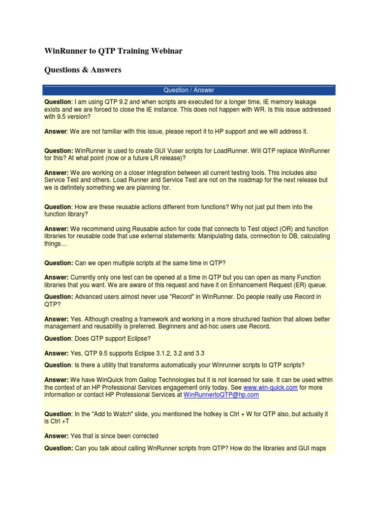 Winrunner To QTP Training Webinar Questions & Answers: Question / Answer | PDF | Scripting ...