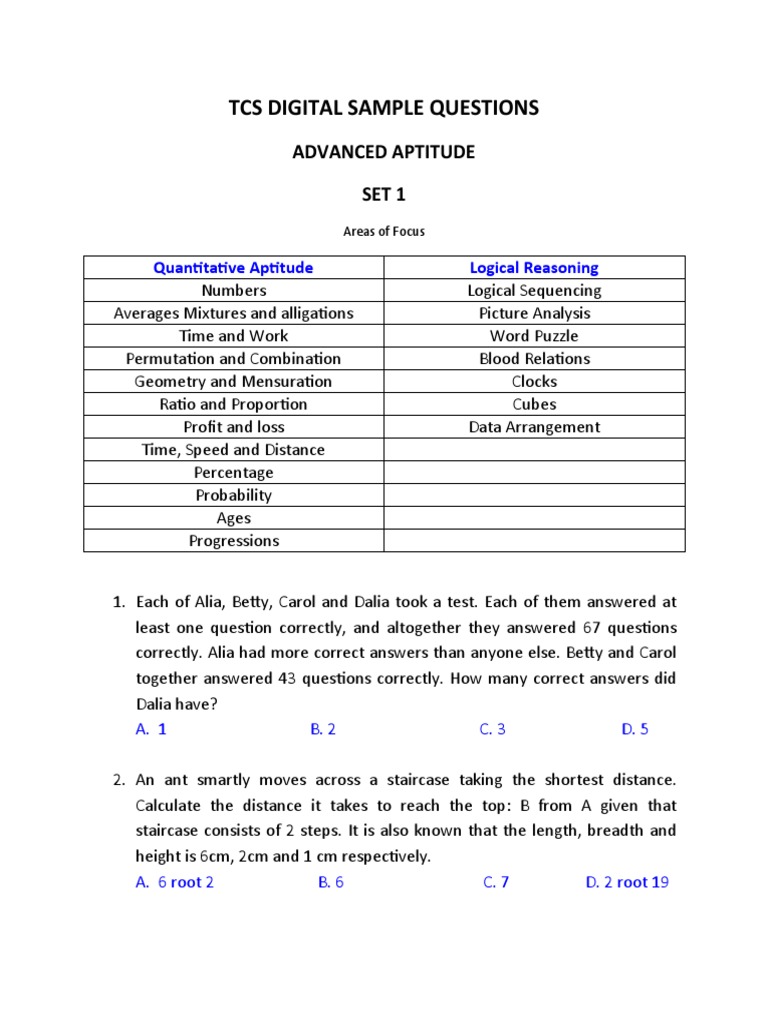 Tcs Digital Sample Questions: Advanced Aptitude Set 1 | PDF | Sphere ...