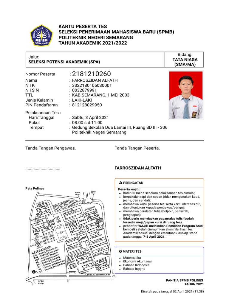 SPMB Polines - Kartu Peserta Tes | PDF