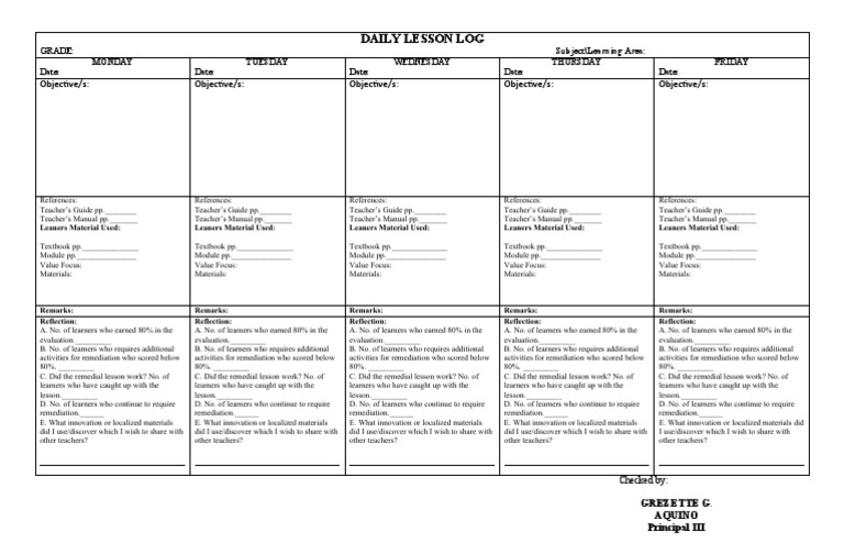 Daily Lesson Log: Objective/s: Objective/s: Objective/s: Objective/s ...