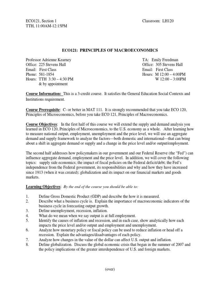 ECO 121 Syllabus S11 Kearney | PDF | Macroeconomics | Inflation