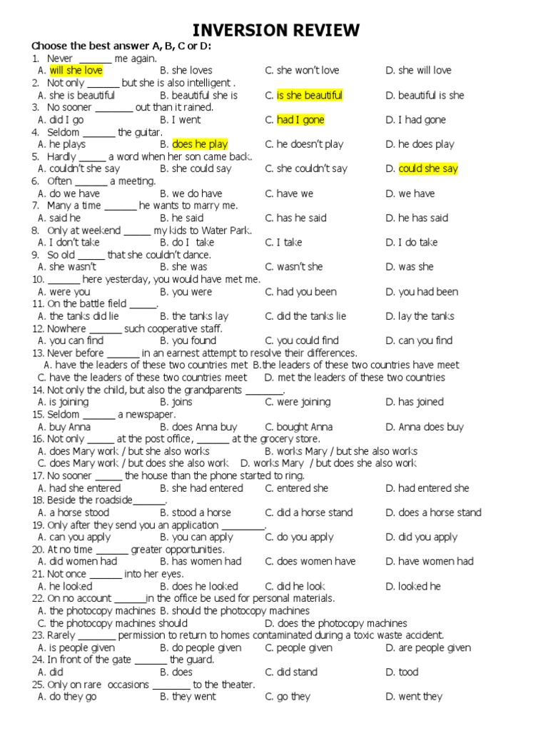 Inversion Review: Choose The Best Answer A, B, C or D | PDF
