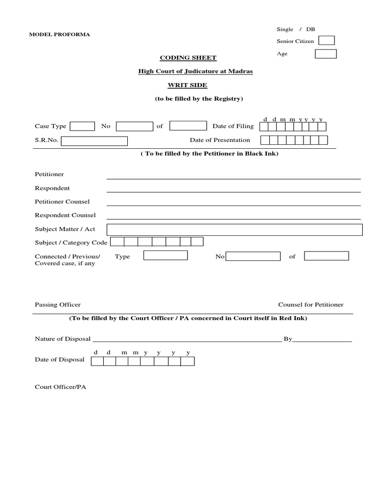 Coding Sheet High Court of Judicature at Madras Writ Side (To Be Filled ...