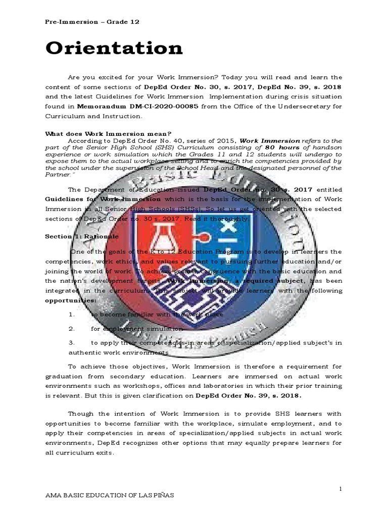 Orientation: Pre-Immersion - Grade 12 | PDF | Curriculum | Learning