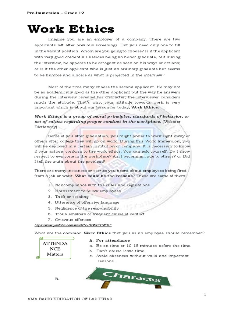 Work Ethics: Pre-Immersion - Grade 12 | PDF | Applied Ethics
