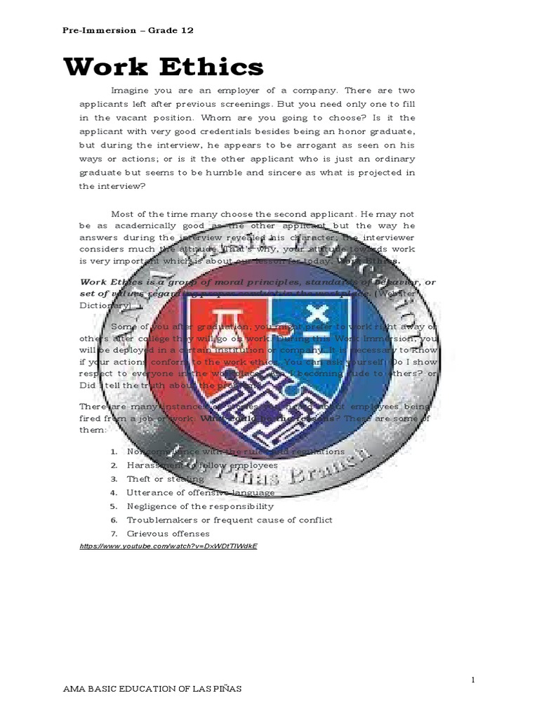 Work Ethics: Pre-Immersion - Grade 12 | PDF | Applied Ethics
