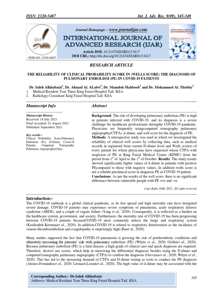 The Reliability of Clinical Probability Score in (Wells Score) The ...