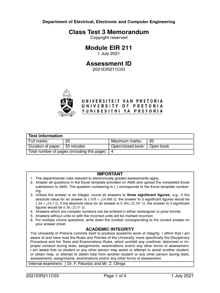 Class Test 3 Memorandum Module EIR 211 Assessment ID: Department of ...