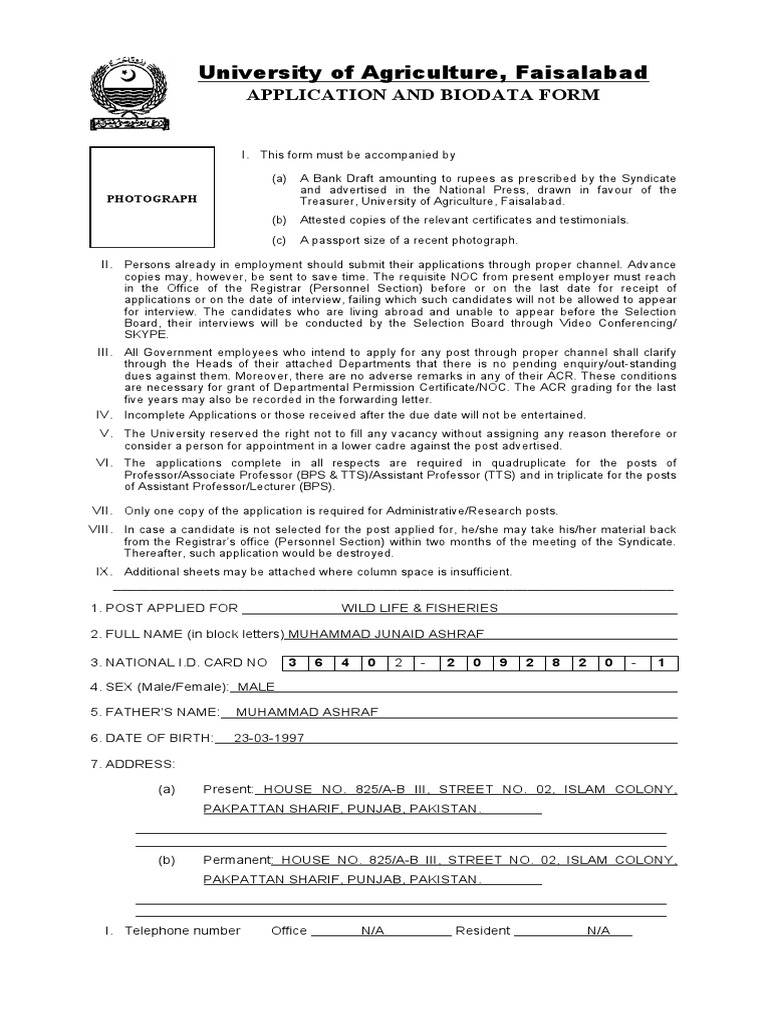University of Agriculture, Faisalabad: Application and Biodata Form | PDF | Master Of Science