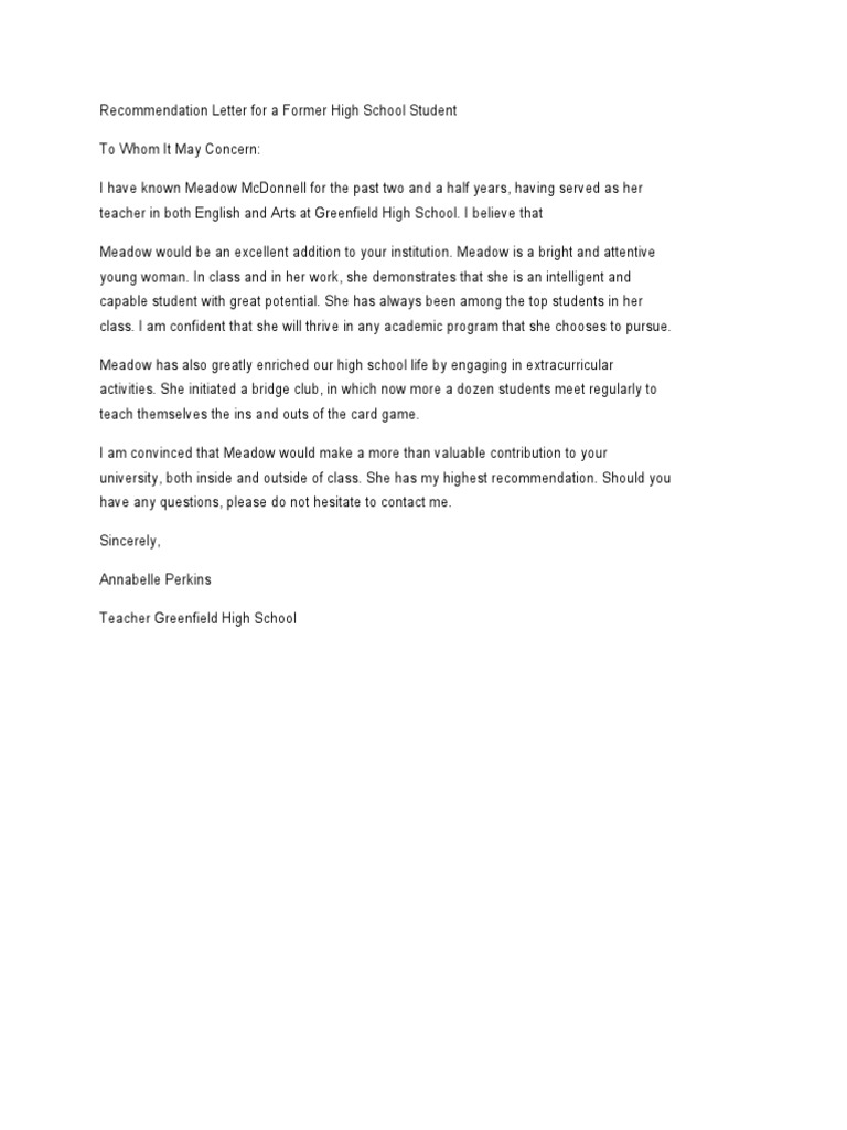 Recommendation Letter For Student From Teacher | PDF
