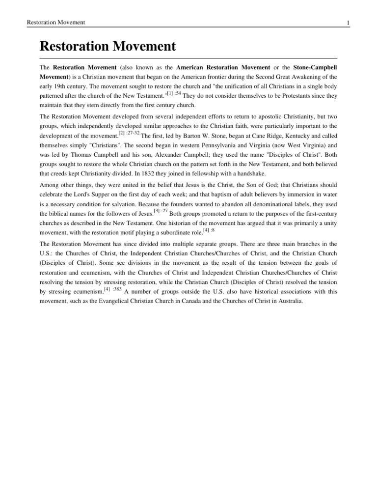 Overview of the Restoration Movement | PDF | Restorationism | Christian ...