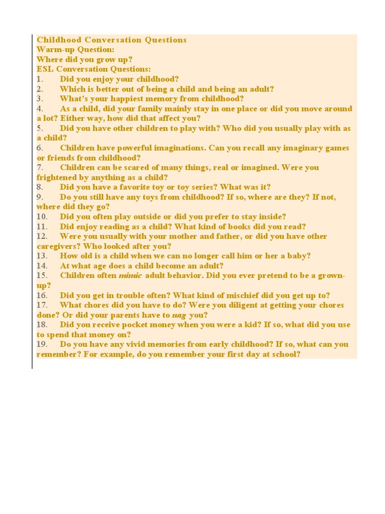 Childhood Conversation Questions | PDF | Adults | Adolescence