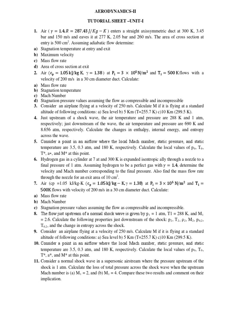 Tutorial Sheet - Unit-I | PDF | Mach Number | Fluid Dynamics