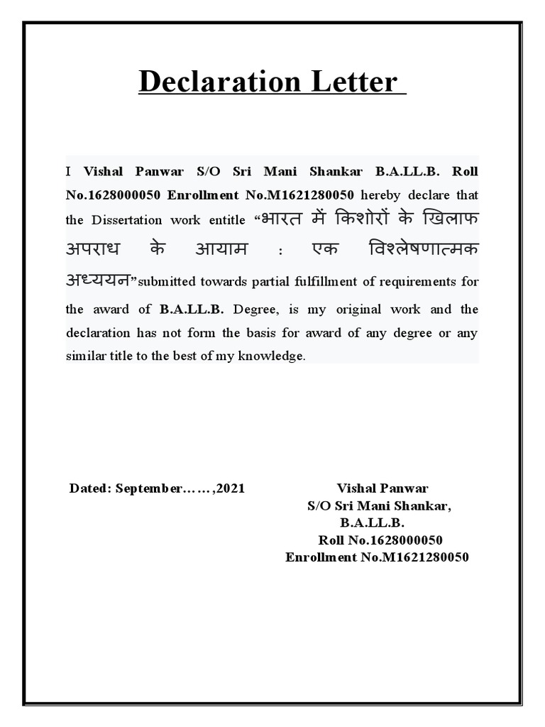 Declaration of Original Dissertation Work on Juvenile Delinquency in ...