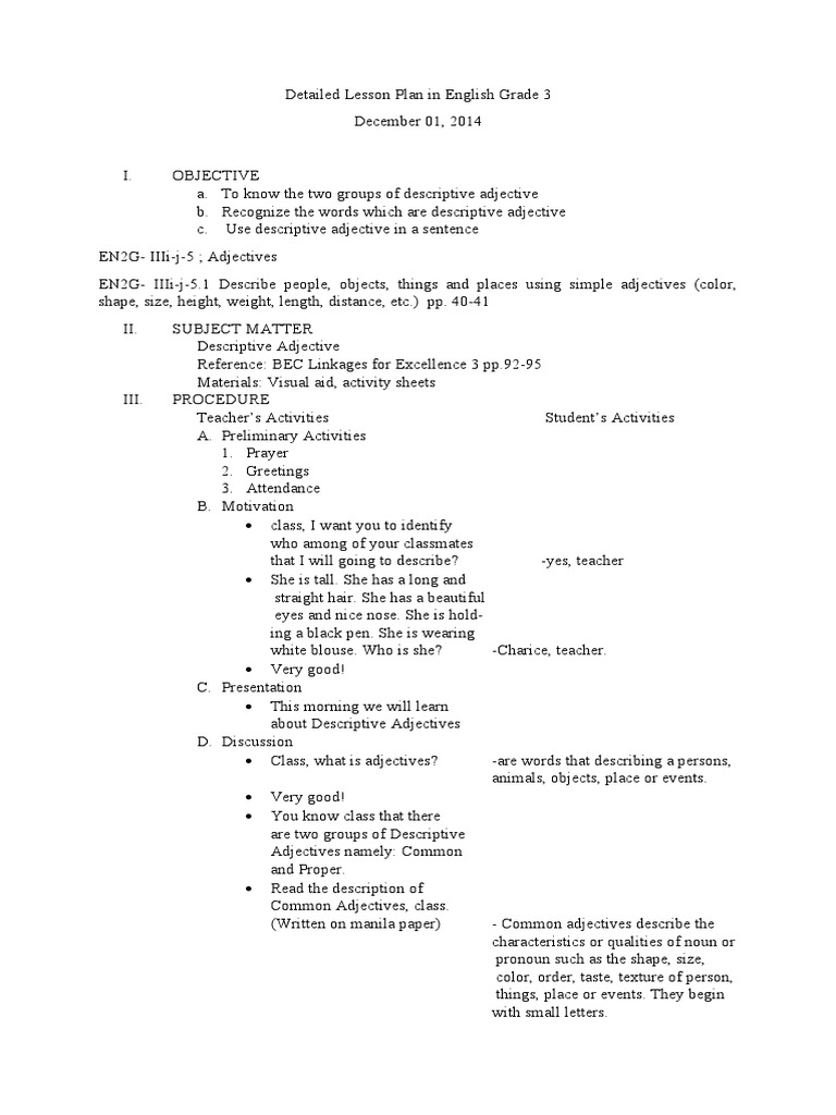 Detailed Lesson Plan in English Grade 3 | PDF | Adjective | Lesson Plan