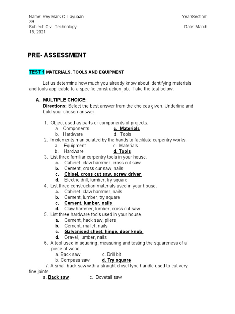 Pre Assessment Activities Final | PDF | Crafts | Tools