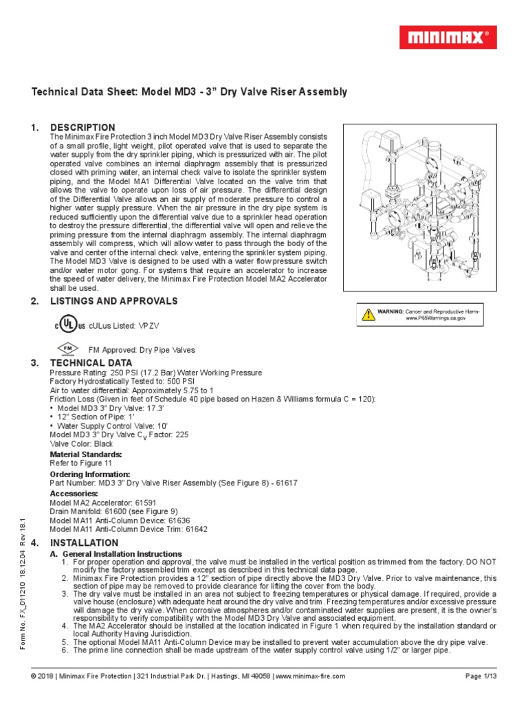 Technical Data Sheet: Model MD3 - 3" Dry Valve Riser Assembly | PDF ...