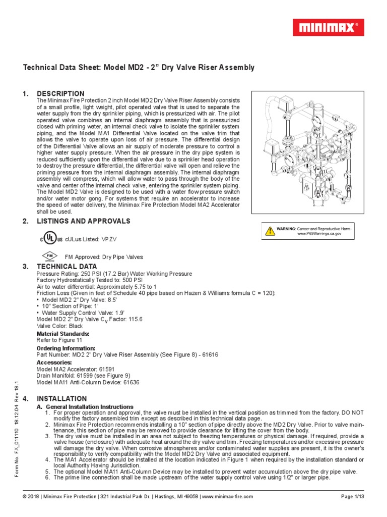 Technical Data Sheet: Model MD2 - 2" Dry Valve Riser Assembly | PDF ...