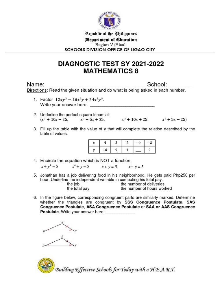 Math 8 Diagnostic Test | PDF | Mathematics | Elementary Mathematics