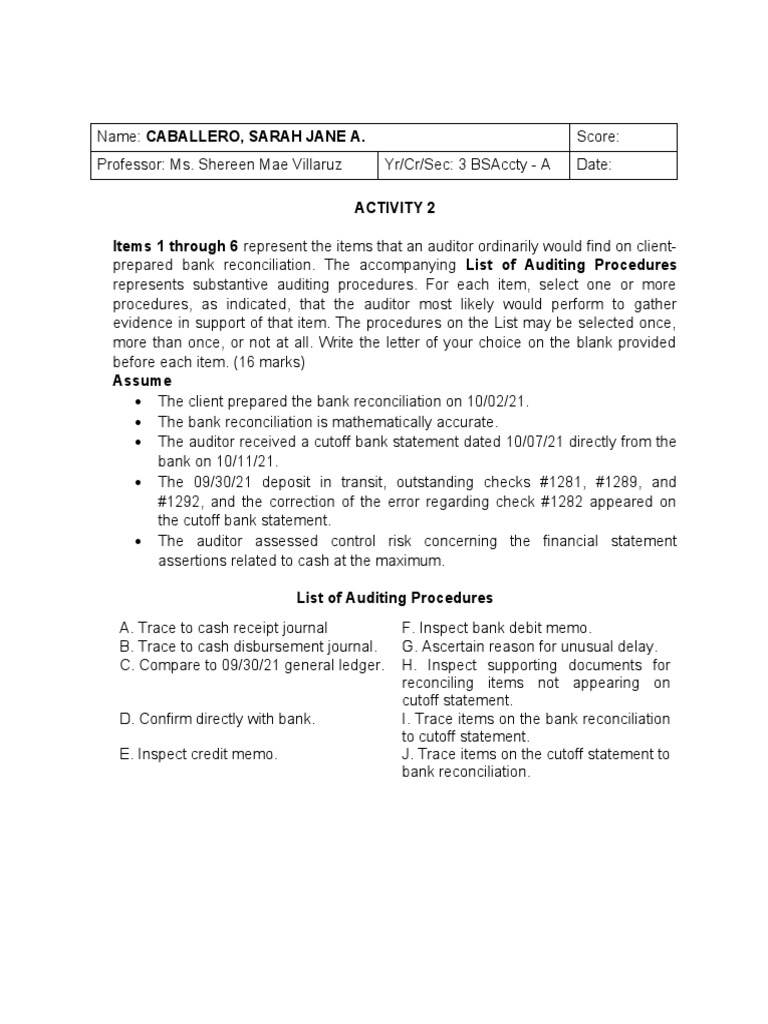 Bank Reconciliation Audit Procedures | PDF | Banks | Audit