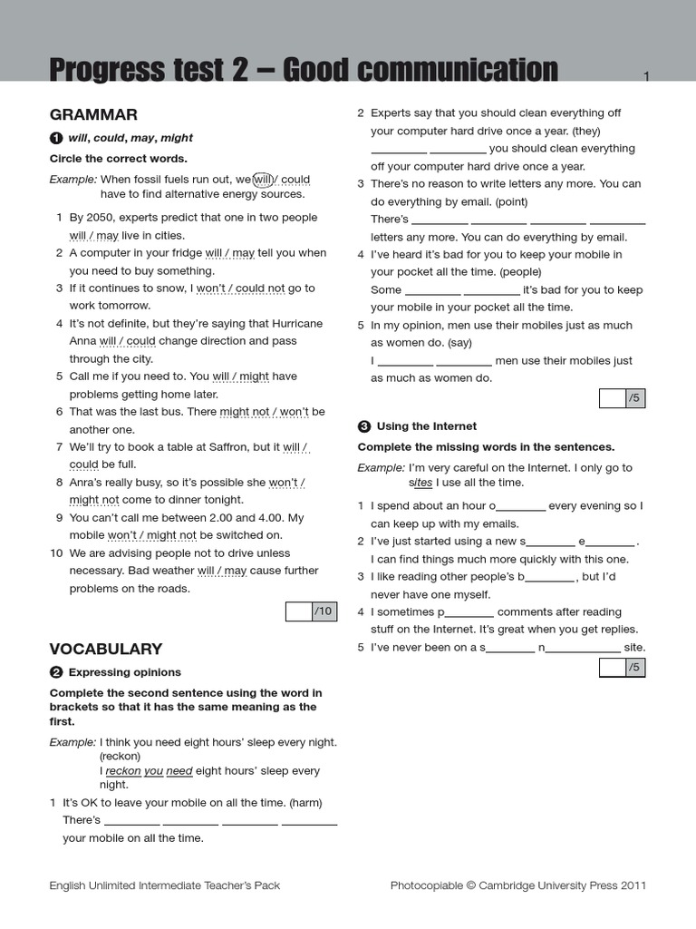 English Unlimited Intermediate b1 Progress Test 2 | PDF