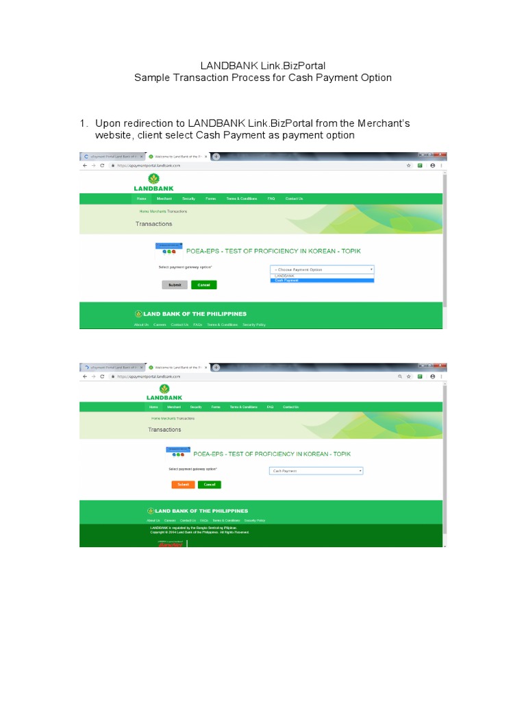 Landbank Link - Bizportal Sample Transaction Process For Cash Payment ...
