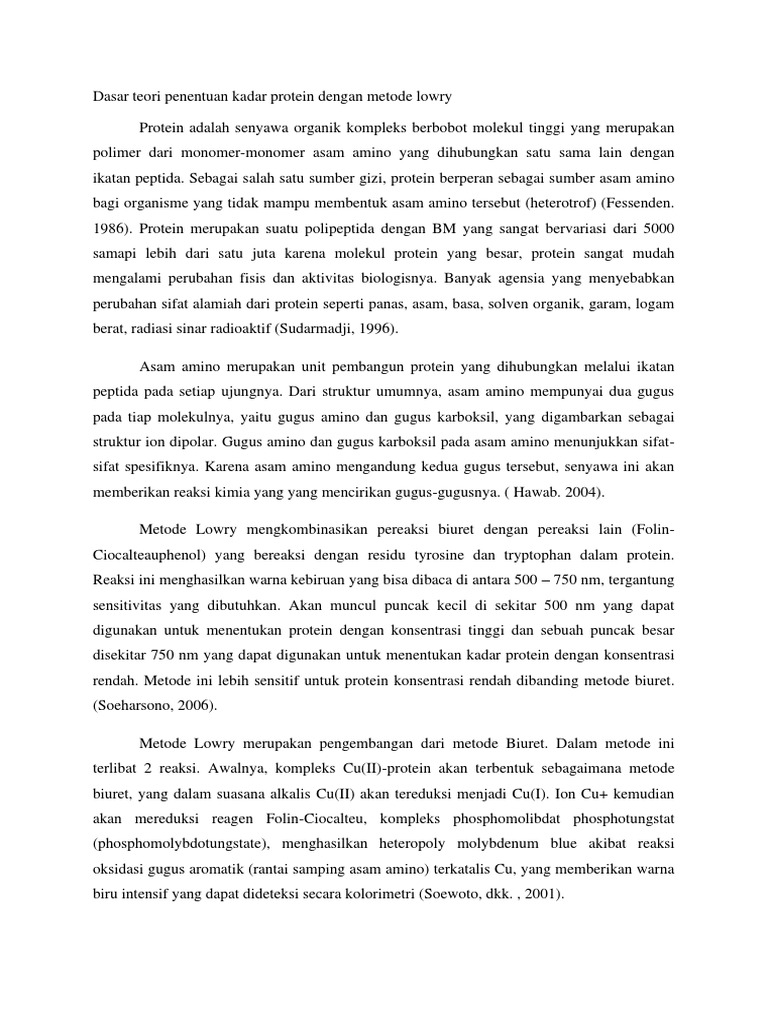 Dasar Teori Penentuan Kadar Protein Dengan Metode Lowry | PDF