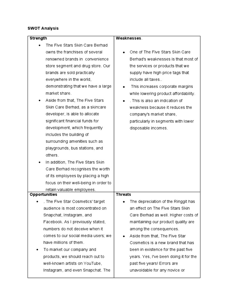 SWOT Analysis of Five Stars Skin Care | PDF | Brand | Cosmetics