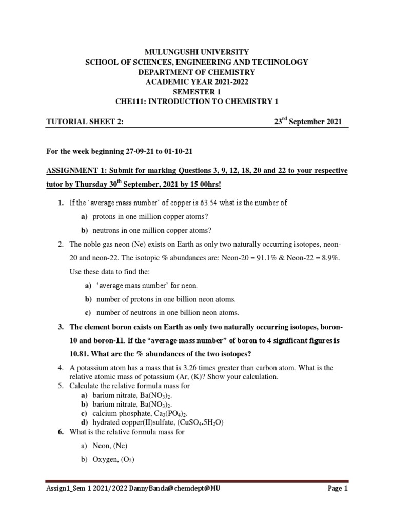 CHE 111 Tutorial 2 Semester I 2021 | PDF | Chlorine | Mole (Unit)