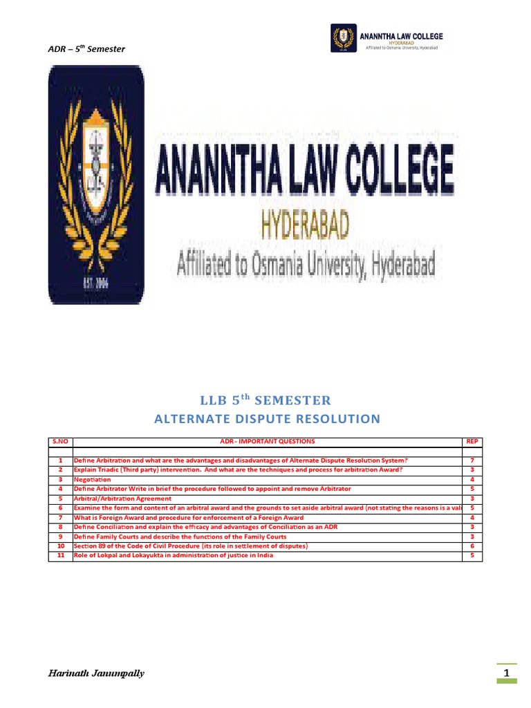 LLB 5 Semester Alternate Dispute Resolution | PDF | Alternative Dispute ...