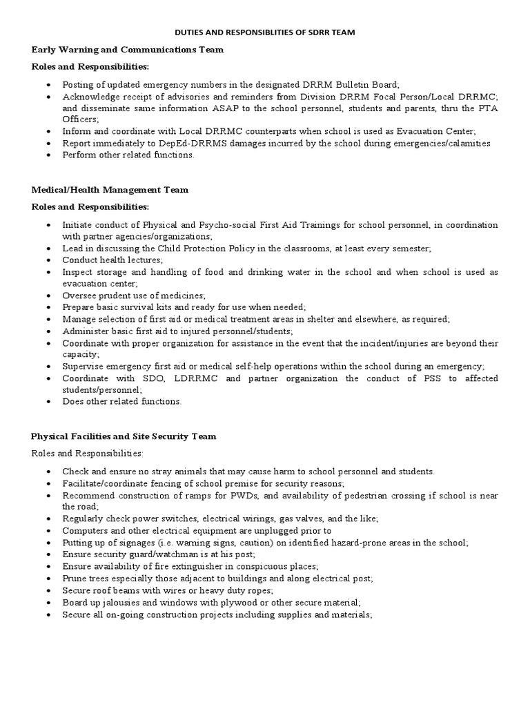 Duties and Responsiblities of SDRR Team | Download Free PDF | First Aid ...