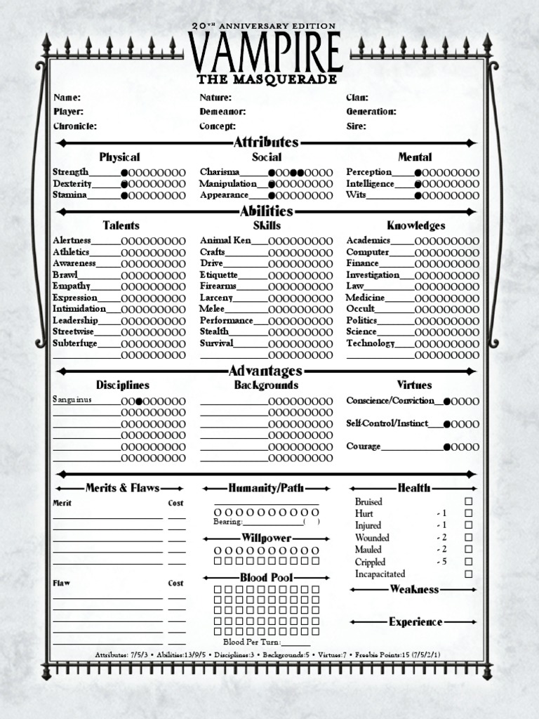 Vampire V20 - Character Sheet - Elder (Interactive) | PDF | Cognition | Human Nature