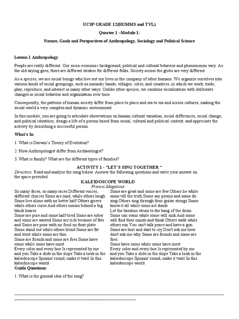 Ucsp Grade 12 (Humms and TVL) Quarter 1 - Module 1: Nature, Goals and ...