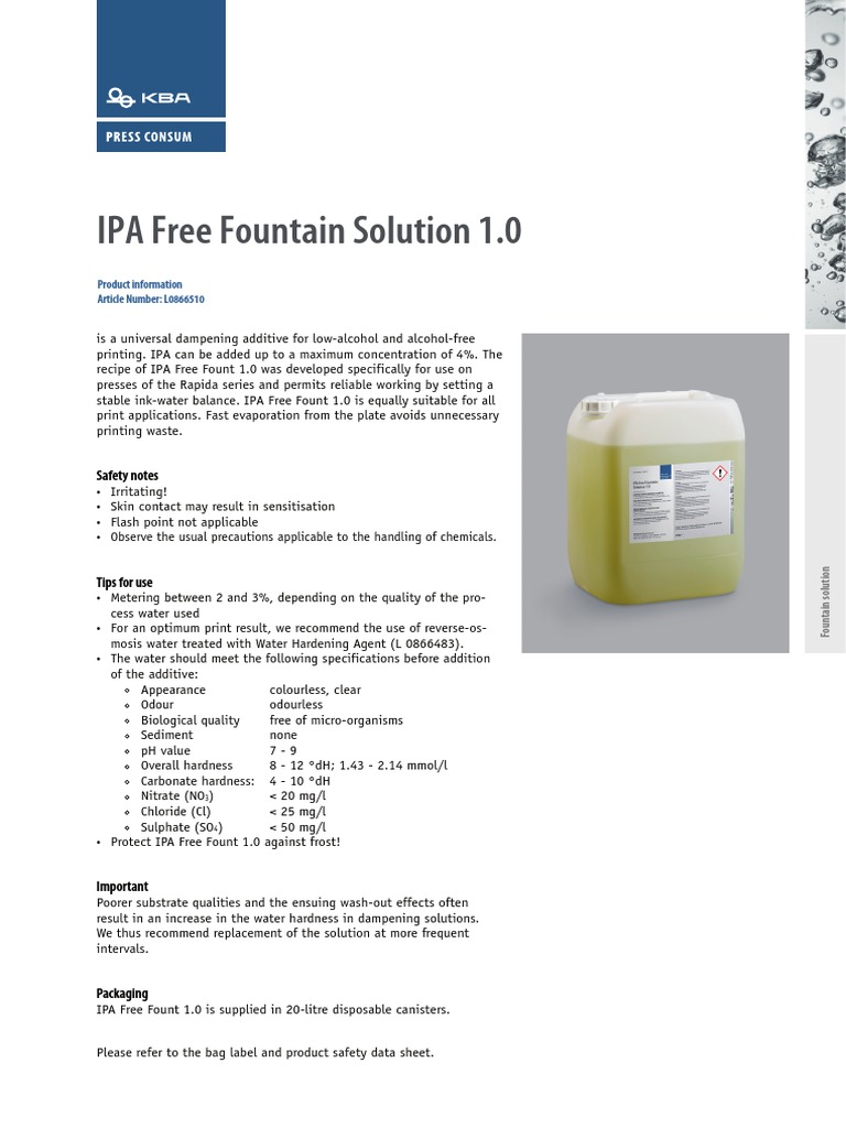 IPA Free Fountain Solution 1.0: Safety Notes | PDF | Water | Magnesium