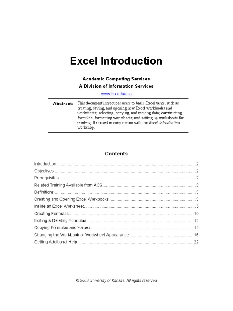 Excel Introduction: Academic Computing Services A Division of ...